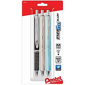 Pentel Energel Alloy Rt Retractable Liquid Black Ink Gel Pens, 3 Pack, 0.7mm Medium Metal Tip, Black, Silver, & Aquamarine Color Barrel, Professional Pentel Pens For Business Executive Women & Men.