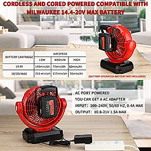 WaxPar Compatible with Milwaukee Fan 18V M18 Battery Powered Fan, Cordless Fan High Velocity with AC Cord 3-Speed Adjustable for Patios, Garage, Greenhouse, Tent, Industrial