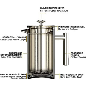 Barista Warrior French Press with Thermometer - Insulated Coffee Press - Stainless Steel French Press Coffee Maker (1.0L | 34 fl oz) (White)