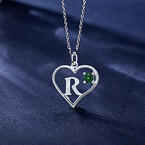 Arbach’s Icy Jewelry - Sterling Silver Box Chain Personalized Birthstone Pendant Statement Necklace - Heart & Letter (R)