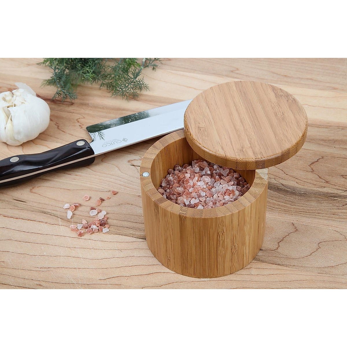 Lily's Home Round Bamboo Jar, Salt and Spices Storage Container, Small 6oz Salt Wooden Box With Magnetic Lock