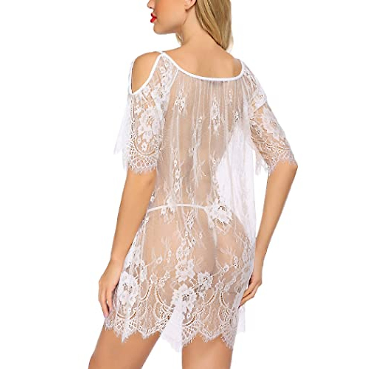 Avidlove Sexy Lingerie for Women Cold Shoulder Eyelash Lace Babydoll(White,S)
