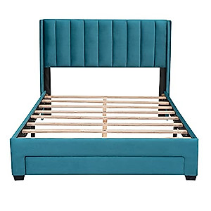 SOFTSEA Full Size Upholstered Bed Frame with Large Drawer Velvet Platform Bed Frame with High Headboard for Bedroom
