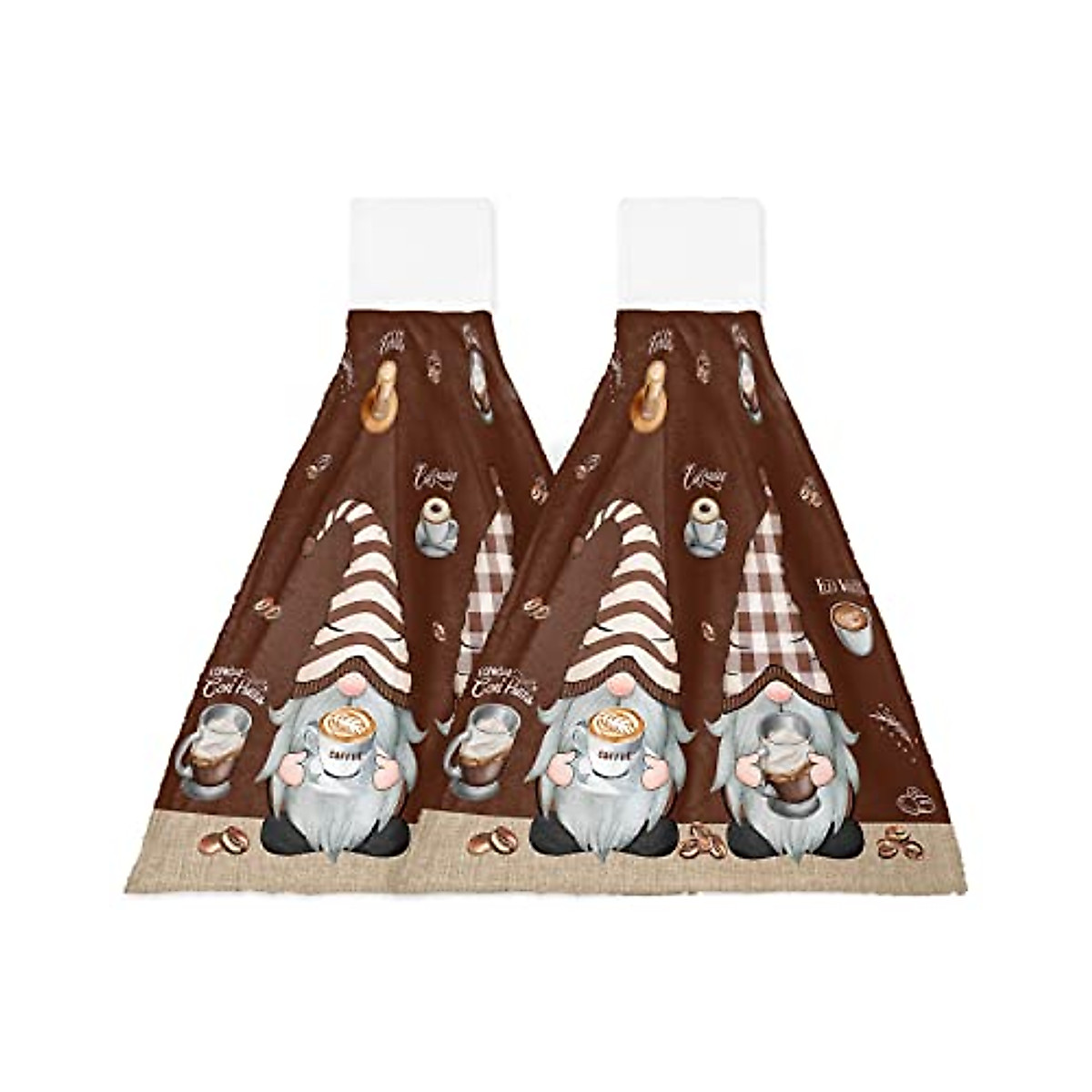 BOBOWUNY Brown Gnomes 2 Pcs Hanging Kitchen Hand Towels, Farmhouse Coffee Casual Time Super Soft Microfiber Tie Towels Aborbent Washcloth for Bathroom Oven Tea Bar
