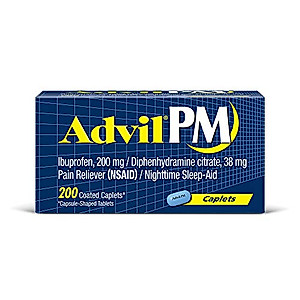 Advil PM Pain Reliever/Nighttime Sleep Aid, Ibuprofen and Diphenhydramine (1 Pack ,200 Coated Caplets)