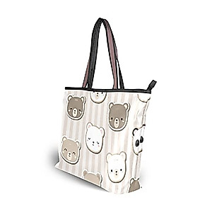 Cute Bear Heads Tote Bag Aesthetic, Large Capacity Zipper Women Grocery Bags Purse for Daily Life 2 Sizes