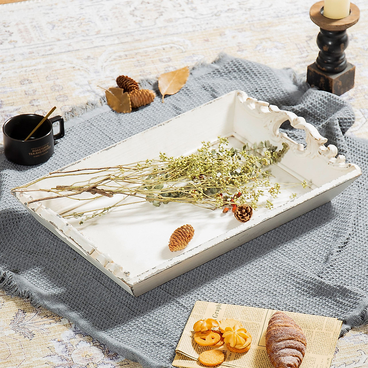 Large Ottoman Tray for Food, Snack, Breakfast in Bed, Unique Rustic Wooden Tray with Handles, Rectangular White Decorative Trays for Coffee Table Dinner Kitchen, Wooden Handcrafted Tea Tray