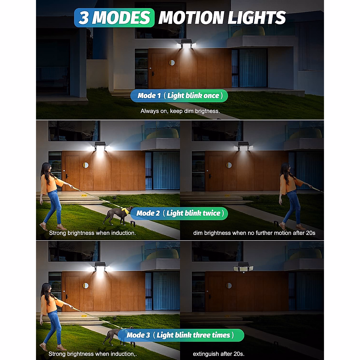 Large Solar Panel Flood Lights Outdoor, 304 Led Solar Lights Waterproof IP67, 3 Foldable Heads Motion Sensor Light with Remote, Security Lights for Front Door Garage Driveway (Always on/Motion)