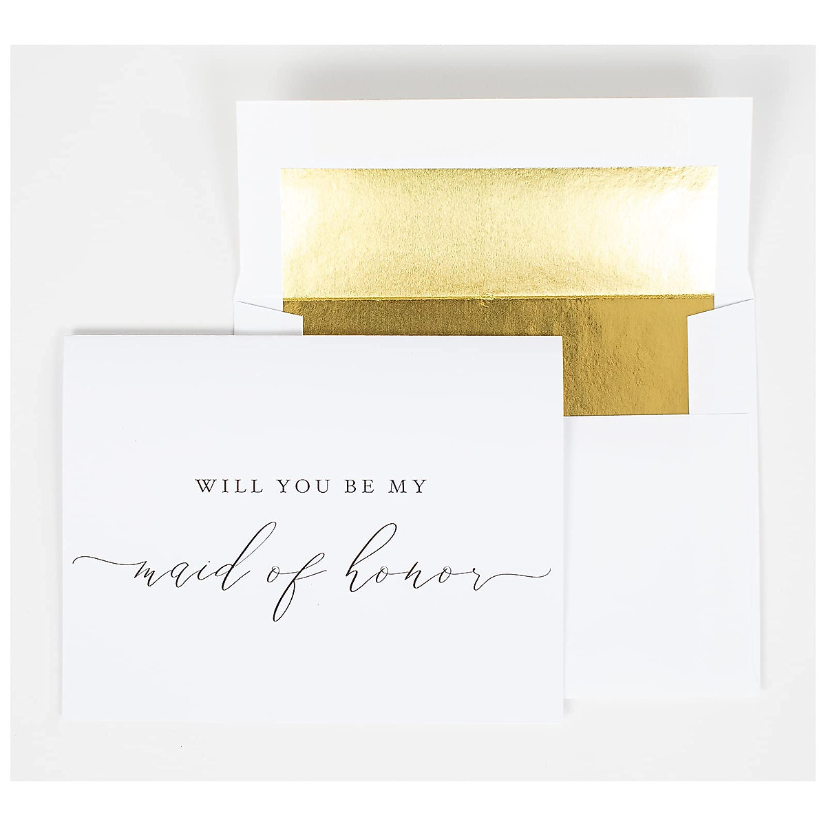 Will You Be My Bridesmaid Cards 4x5.5 Folded White Proposal Card with Black Caligraphy with Gold Foil Lined Envelopes 6 Bridesmaid Cards 1 Maid of Honor Card and 1 Matron of Honor Card Set Elegant Minimalist Style