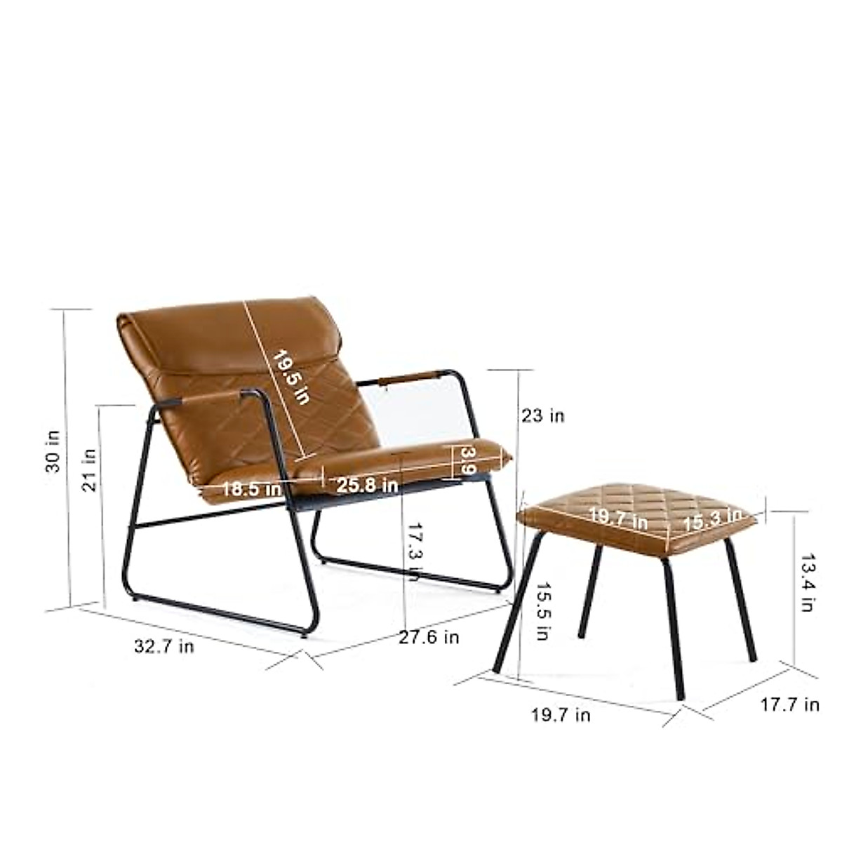 Penifun Accent Chair and Ottoman Set, PU Leather Upholstered Comfy Side Leisure Lounge Armchair with Metal Frame & Lattice Back, Footstool for Living Room, Orange