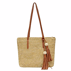 QTKJ Women Summer Straw Beach Bag Handwoven Big Tote Leather Shoulder Bag Handbag with Beaded Tassel Decorate (Khaki)