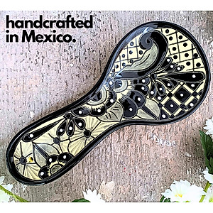 Ceramic Spoon Rest - Hand Painted Talavera - Mexican Style - Black and White Home Decor - Cuchara Floral Blanco/Negro