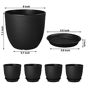 Moneysdodo 8 inch Plant Pots Set of 4 Pack, Plastic Planters with Drainage Holes and 4 Saucers, Morden Decorative Creation Flower Pots for Indoor & Outdoor Garden House Plants, Black