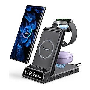 SwanScout Charging Station for Samsung S24 Ultra, SwanScout 703S, Wireless Charger for Samsung S24+/S24/S23 Ultra/S23/S22/Note 20, Galaxy Watch 6/6 Classic/5/4, Galaxy Buds 2 Pro/Pro (for Travel)