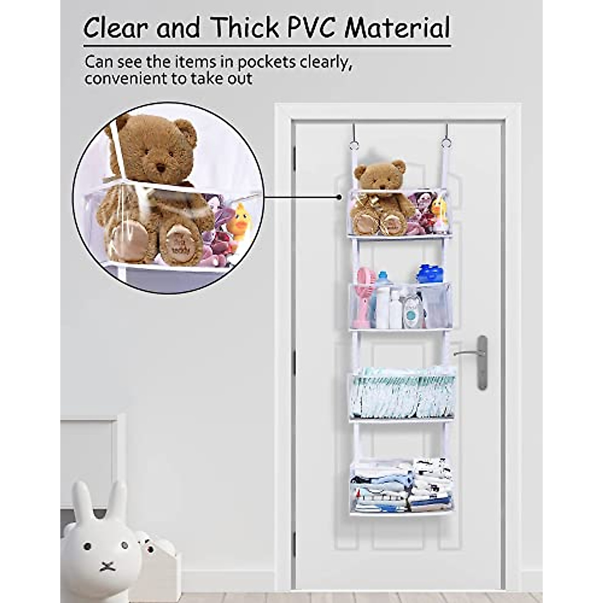 ULG Over Door Organizer with 4 Large Ultra Sturdy & Large Pockets Organizer, 22 lbs Capacity Hanging Storage Organizer with Clear Window for Bedroom Nursery, Baby Kids Toys, Shoes, Diapers, White