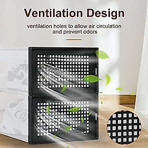 Potahouse Shoe Storage Organizer, 12 Pack X-Large Clear Plastic Stackable Shoe Boxes with Lids, Fit Size 11-12, Sneaker Containers Bins Space Saving for Entryway Closet Floor, Black