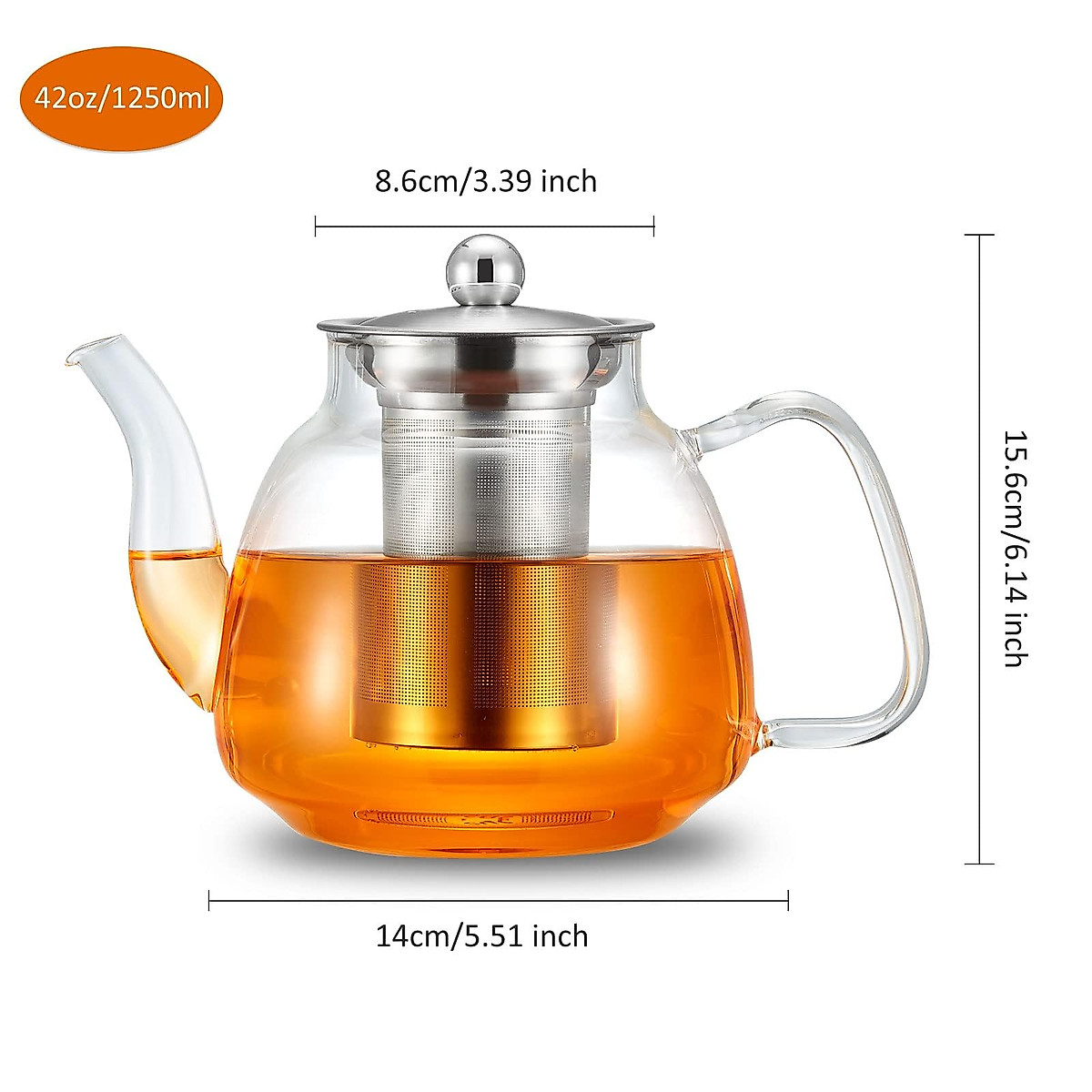 42oz/1250ml Glass Tea Kettle，Glass Teapot with Removable Stainless Steel Infuser, for Blooming and Loose Leaf Tea, Stovetop & Microwave Safe Tea Pot, Tea Maker's Choice