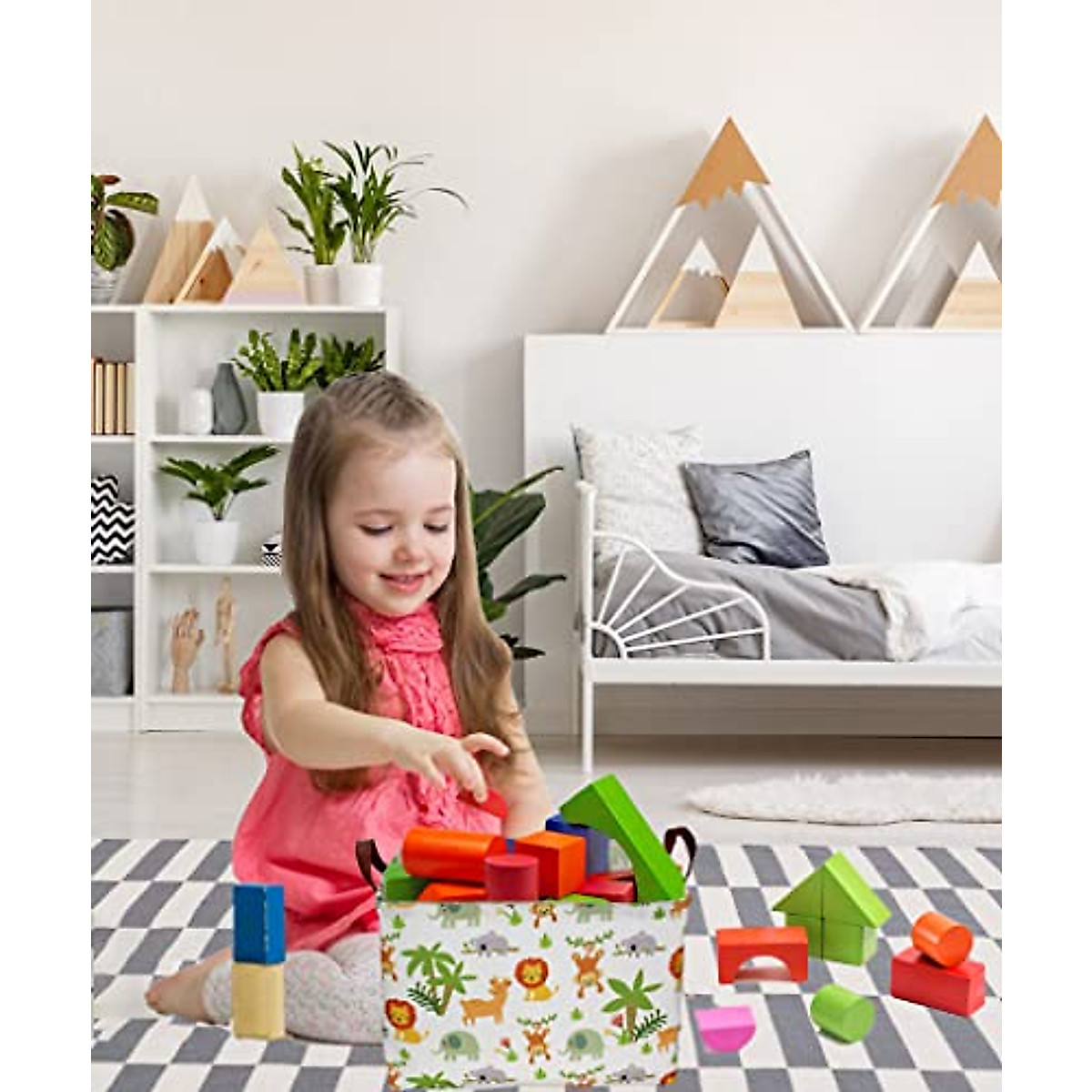 Essme Rectangular Baby Storage Basket,Green Basket,Nursery Storage Bin Organizer with Handles for Jungle Decor,Shelf Basket,Toy Box,Animal Basket.(Jungle animal)