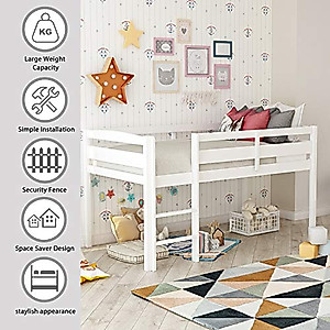 Harper & Bright Designs Low Loft Bed Twin Size, Twin Loft Bed Frame with Ladder and Safety Guardrails, Wood Loft Bed for Kids, Toddlers, Teens (Twin, White)