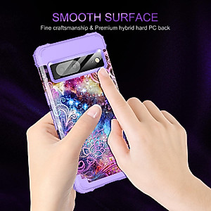 Uamark for Google Pixel 7 Case,Three Layer Heavy Duty Shockproof Full Body Protective with 2 Tempered Glass Screen Protector+2 Camera Lens Protector Case for Google Pixel 7 5G(2022),Purple Mandala