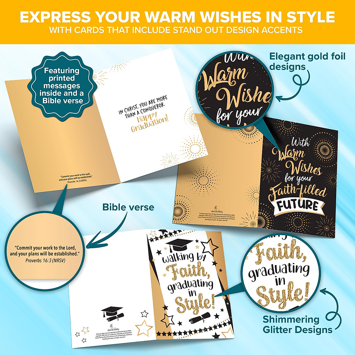 Decorably 18 Pack Gold-Foiled & Glittery Christian Graduation Cards Christian with Envelopes & Stickers - 6 Designs with Printed Message Inside 5x7in Religious Graduation Cards Religious