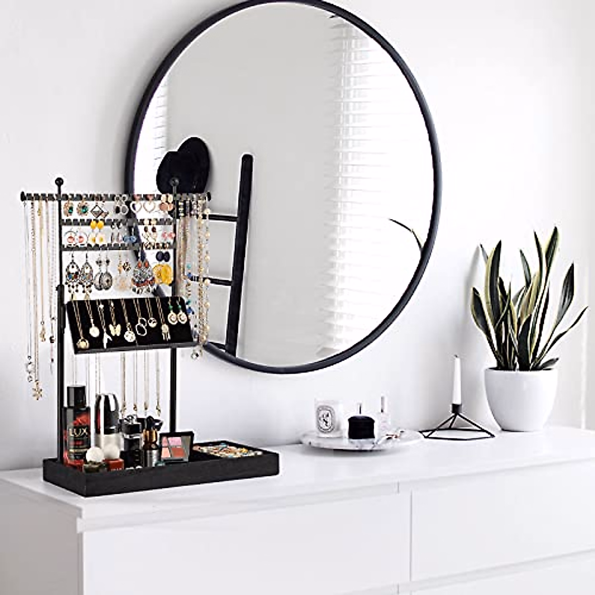 SOLIMINTR Jewelry Organizer, Jewelry Stand with Necklace Display Holder 3 Tier Earring Organizer Rustic Wood Base Tray with Ring Stand Jewelry Storage Tower for Women Girls Gift