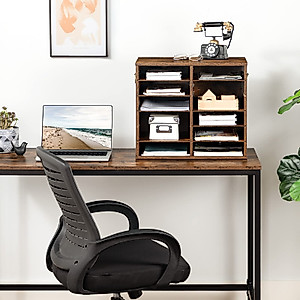 HOOBRO Literature Organizers, 12 Compartments Office Mailbox with Adjustable Shelves, Wood Countertop Literature Sorter for Office, Home, Classroom, Mailrooms Organization Rustic Brown FG12WF01