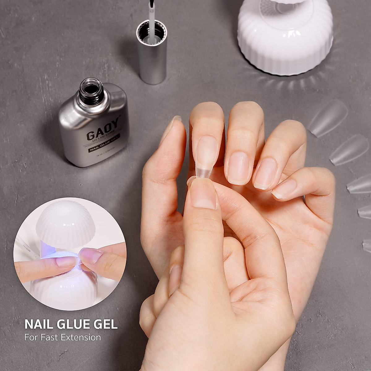 GAOY 2Pcs 16ml Gel Nail Glue for Acrylic Nails Tips, 2 in 1 Nail Glue and Base Coat, UV Light Cure