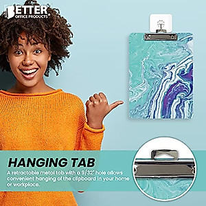 Fashion Clipboard, Abstract Art Design, Standard A4 Letter Size, 12.5" x 9", Wooden Clipboard, Low Profile Clip with Retractable Hanging Tab, Decorative Clipboard, by Better Office Products (Aqua)