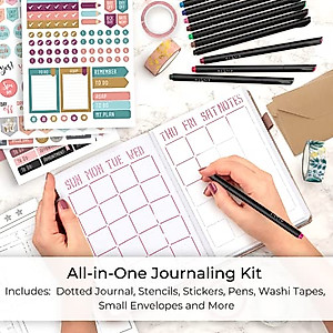 Ultimate All-in-One Journaling Kit - Incl. Dotted Journal, Stencils, Stickers, Pens, Washi Tapes, Small Envelopes and More Bullet Checklist Supplies