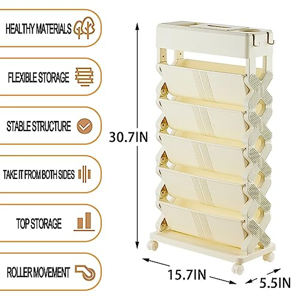 YAYLAIP Movable Bookshelf Cart, 6-Tier Large Capacity Movable Office Desk File Organizer with Wheel Multilayer Rotatable Removable Plastic Practical Rolling Covered