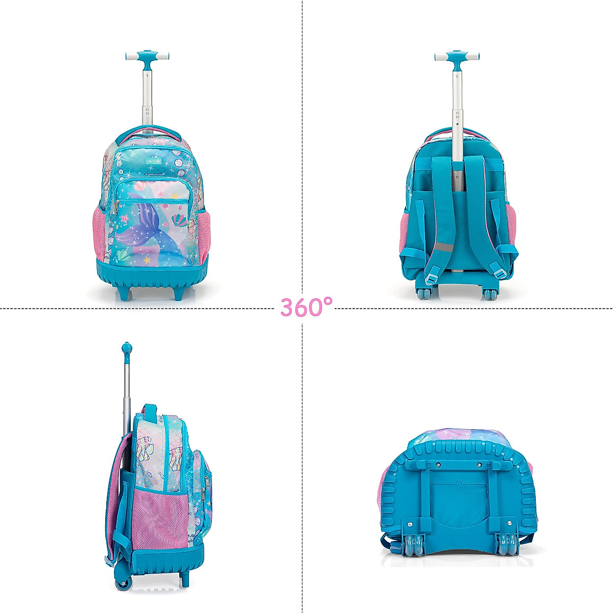 VLIVE Rolling Backpack Set for Girls, Wheeled Kid Backpack w/Lunch Bag & Pencil Case, 20 Inch (Mermaid)