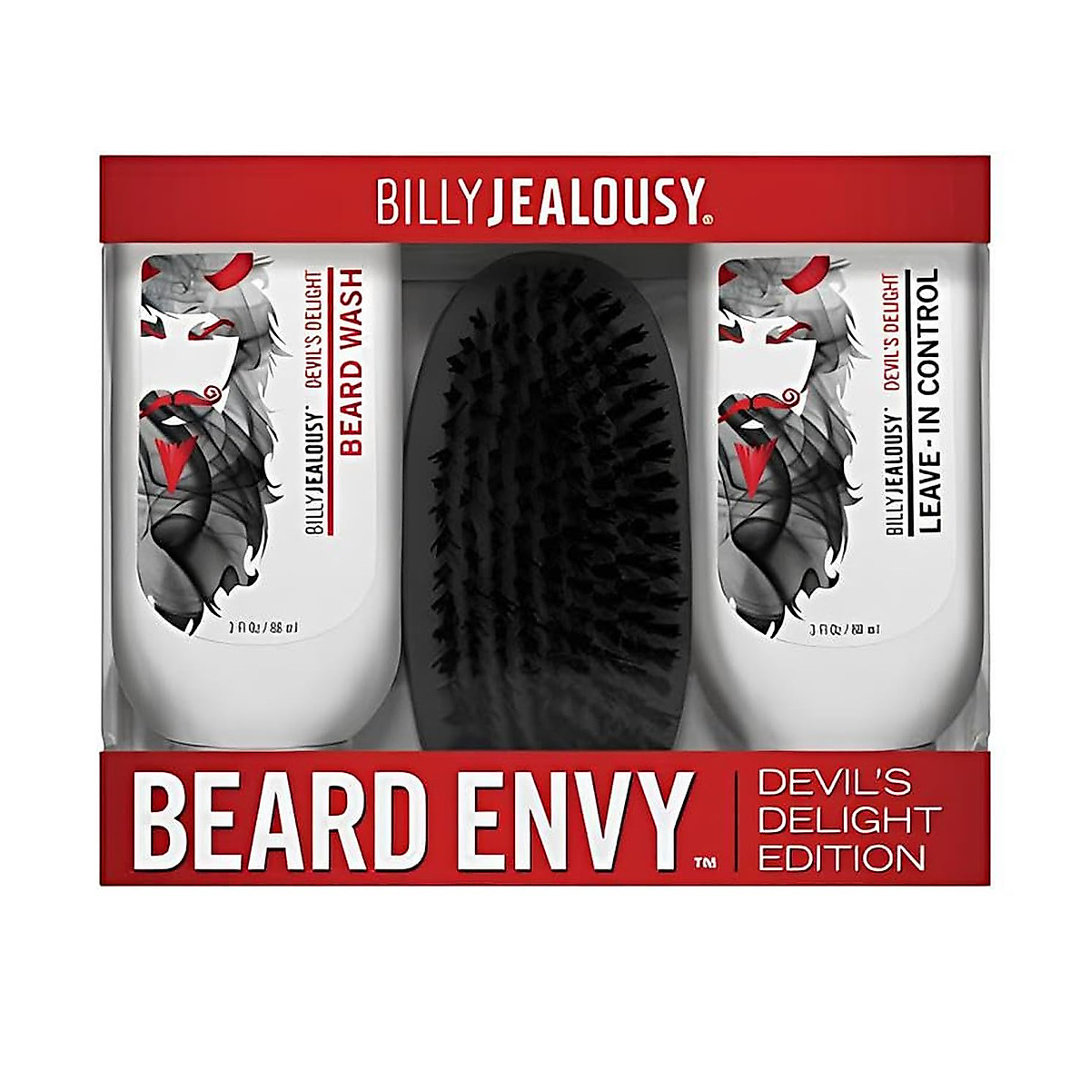 Billy Jealousy Devil's Delight Beard Envy Facial Hair Refining Kit - with Beard Wash Beard Control and Boar Bristle Brush for Clean, Hydrated, Soft, Tamed Unruly Mane