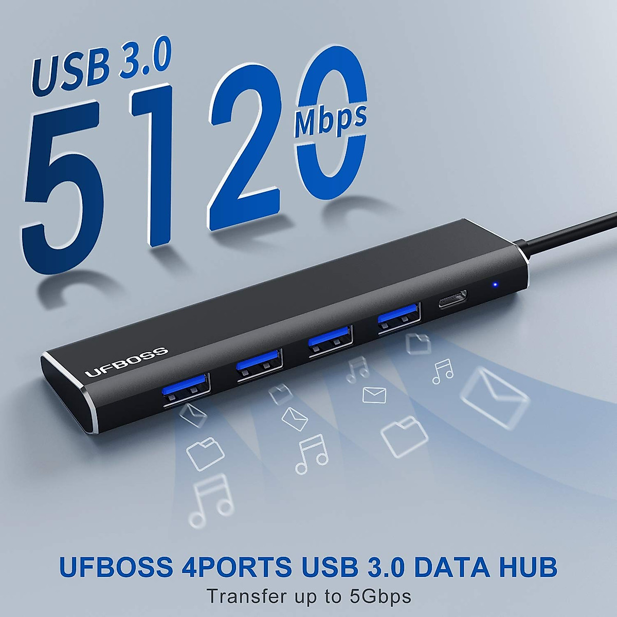 UFBOSS 5-Ports Ultra Slim Aluminum USB 3.0 Hub, 4 Portt 5Gbps USB3.0 with One USB-C Charging Port USB Splitter - Compatible with Laptop, iMac Surface Pro, XPS, PC, Flash Drive, Mobile HDD