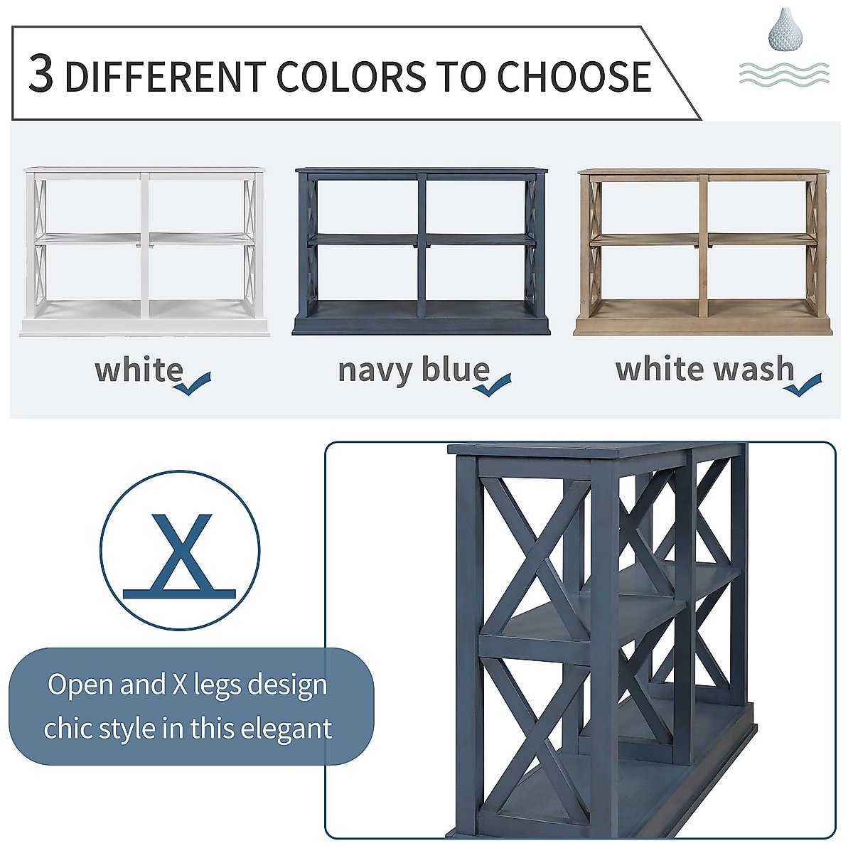 LUMISOL Narrow Industrial Console Table with 3 Tier Shelves, Entryway Table with X-Shape-Design Bookshelf, Sofa Table with Storage for Entryway, Navy Blue