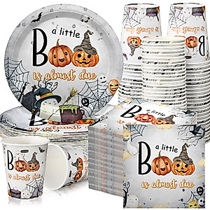 Hushee 200 Pcs Halloween a Little Boo Is Almost Due Baby Shower Paper Plates Napkins Cups Baby Shower Party Supplies Tableware Set Disposable Cup Napkin for 50 Guest Party Decoration