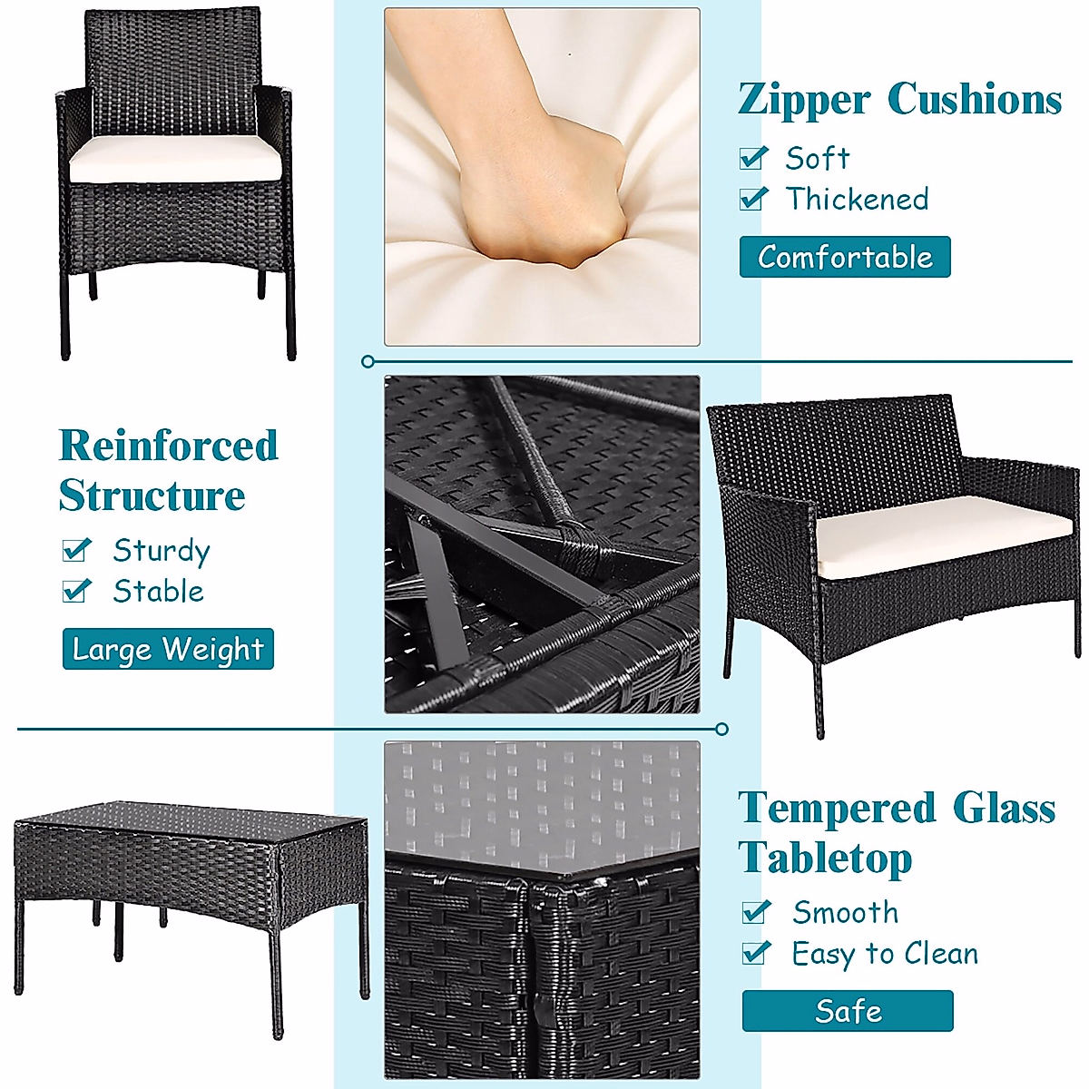 4 PCS Patio Furniture Set Rattan Sofa & Chairs Set Turquoise