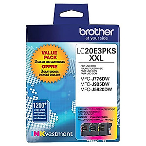 Brother Genuine High Yield Color Ink Cartridge, 3 Pack of LC20E, Replacement Color Ink Three Pack, Includes 1 Cartridge Each of Cyan, Magenta & Yellow, Page Yield Up to 1200 Pages/Cartridge, LC20E