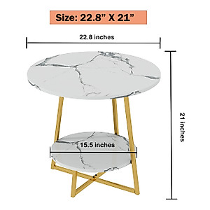Lamhorm 2 Tier Small Round Side Table, Wooden End Table with Storage Shelf, Modern Coffee Table with Gold Metal Frames for Living Room, Bedroom and Any Small Spaces 22.8”