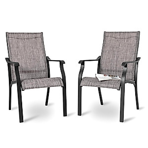 NUU GARDEN Patio Dining Chairs Set of 2,Aluminum Outdoor Dining Chairs Lightweight Stackable Textilene Patio Dining Chair with Armrest for Lawn Garden Backyard Pool,Grayish Brown