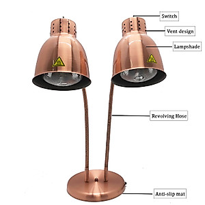 KOUWO Dual Bulbs Food Heat Lamp 500W Food Warmer Light Adjustable Copper Heating Lamps for Buffet Restaurant Kitchen Parties Freestanding (Dual Bulbs(110V))