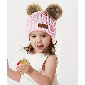 MODNTOGA Baby Girl Double Pom Pom Beanie Infant Baby Winter Hat Beanie Toddler Puff Ball Hat Warm Knitted Cap for 0-3 Years (Pink, 0-3 Years)