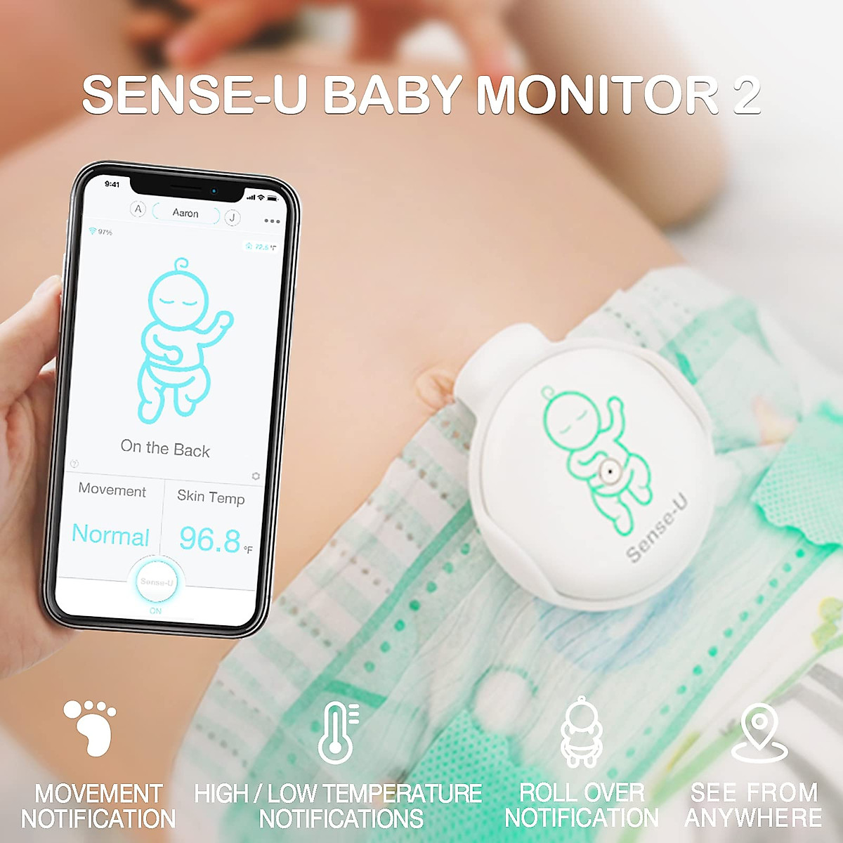 Sense-U Baby Breathing Monitor 2 - Monitors Infant Breathing Movement, Rollover, Temperature and Indoor Humidity Level from Anywhere with Lights and Sounds Alerts, Pink