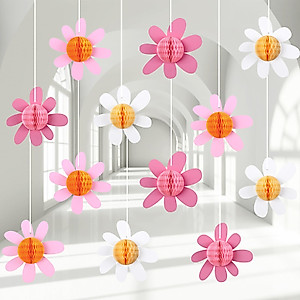 Poen 12 Pcs Daisy Honeycomb Balls Decorations Boho Daisy Flower Hanging Ceiling Sign Groovy Honeycomb Pom Poms Paper Balls to Hang from Ceiling for Birthday Bridal Weeding Party(Pastel Color)