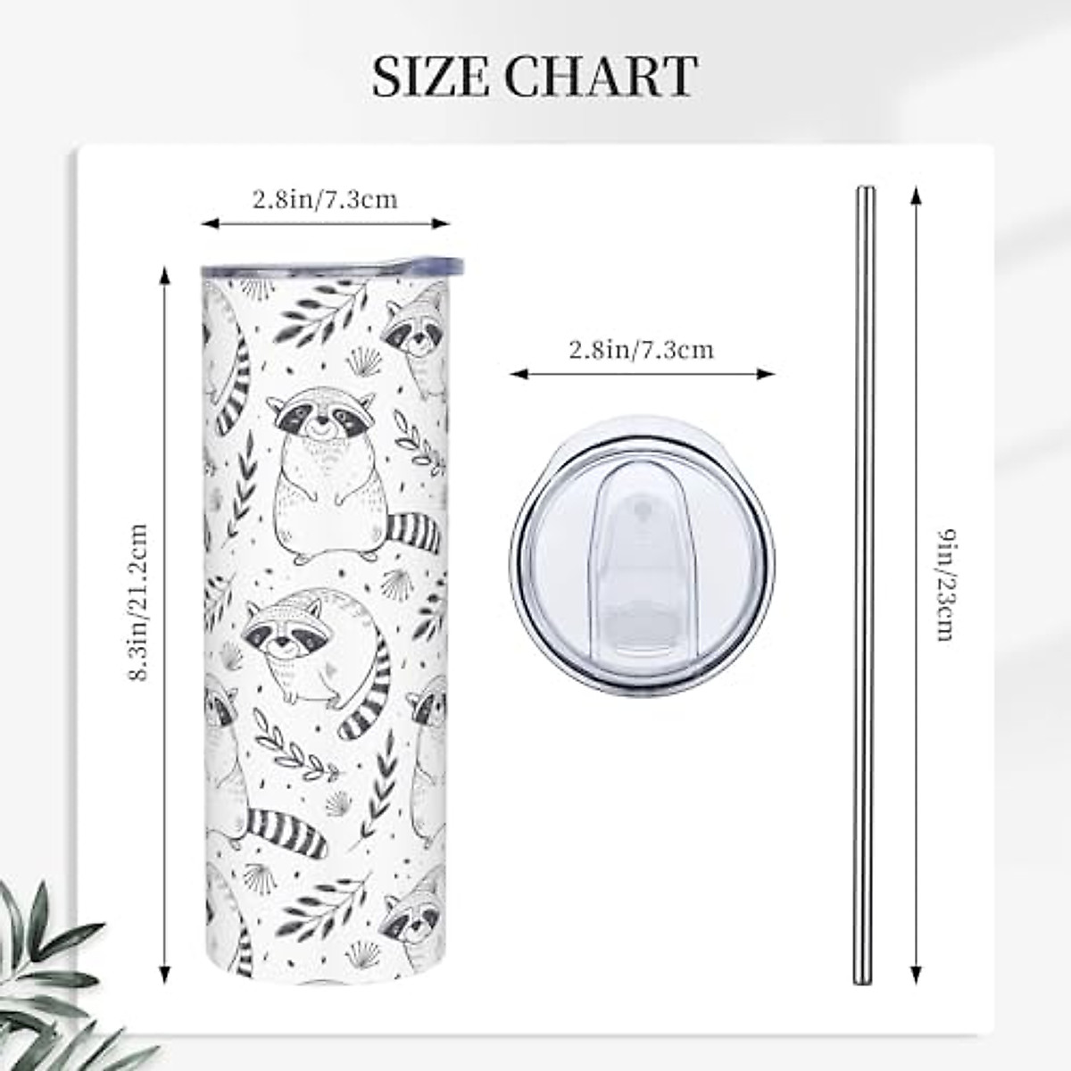 AFHYZY 20 oz Skinny Tumbler Reusable Coffee Travel Mug with Lids and Straws, Insulated Coffee Cups 20oz Stainless Steel Water Bottles Leak Proof for Home, Adults, Women - Raccoon