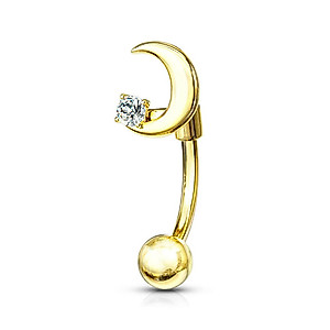 ssh Crescent Moon with CZ Curved Barbell Eyebrow Ring Rook Daith Snug Piercing 16G - Gold