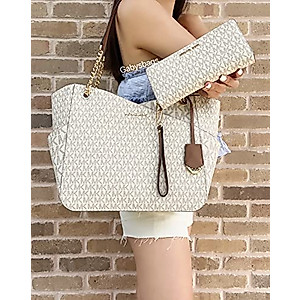 Michael Kors Jet Set Travel Large Chain Shoulder Tote Vanilla MK Signature Logo Bundled Jet Set Travel Continental Wristlet Vanilla Signature MK