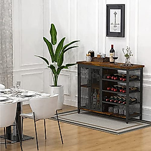 GiftGo Industrial Bar Cabinet for Liquor and Glasses Wood and Metal Freestanding Wine Rack Table Accent Sideboard Buffet Cabinet (Rustic Brown)