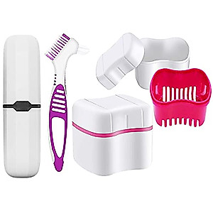 Denture Bath Cases with Denture Cleaner Brushes Denture Cups Denture Boxes Bath Dentures Container with Basket Denture Holder Denture Brush Retainer Case for Travel Retainer Cleaning (Pink)