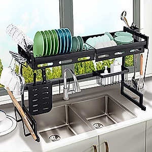 rotinyard Over The Sink Dish Rack, Adjustable (25.6”-33.8”) Dish Rack Over The Sink, Rust-Resistant 2-Tier Dish Drying Shelf Over The Counter for Kitchen Organizer, Space Saver, Black